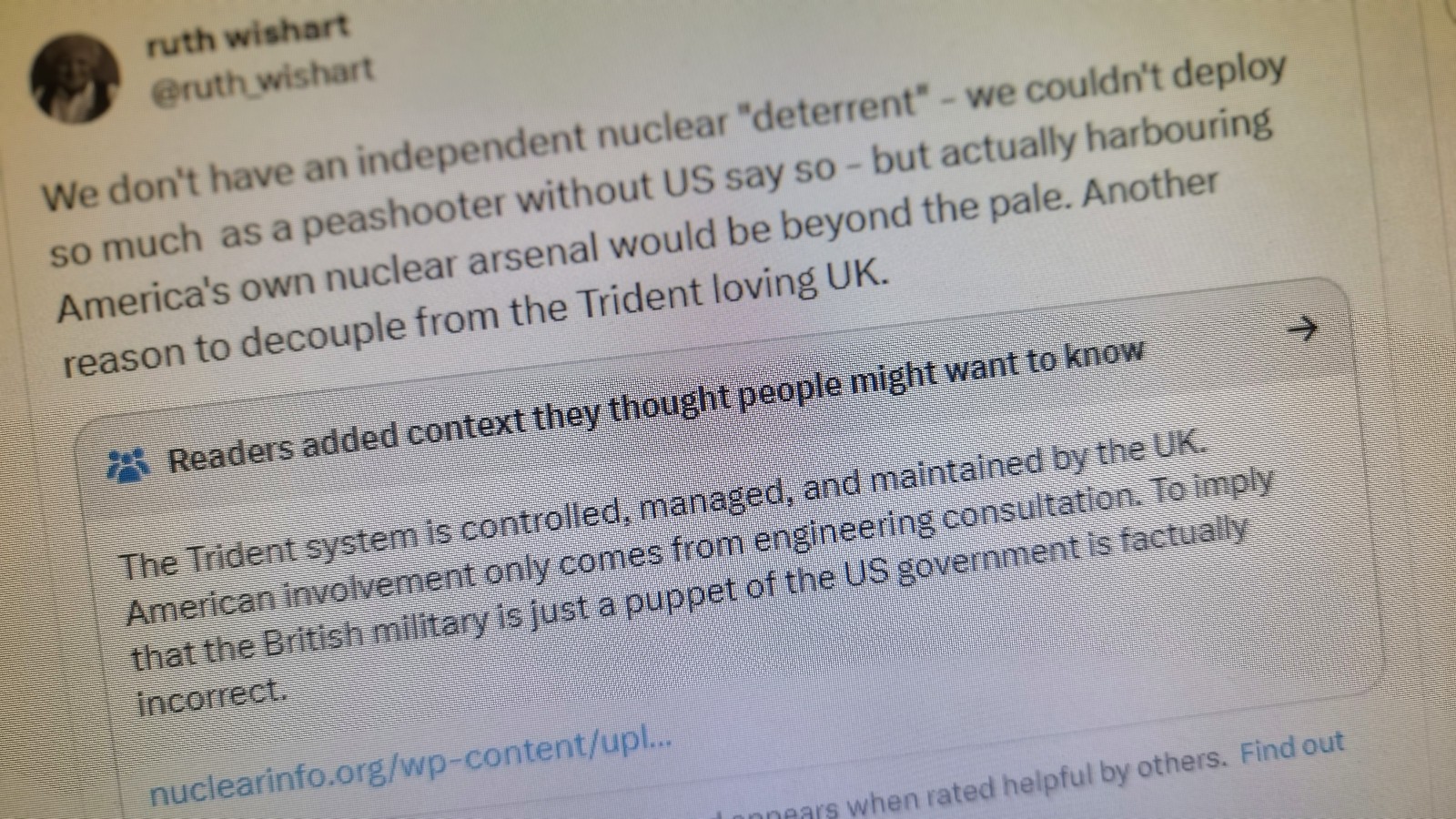 Twitter fact checks Ruth Wishart Trident tweet
