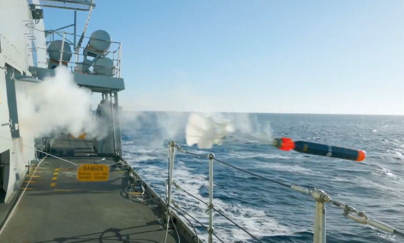 British frigate HMS Portland fires torpedo