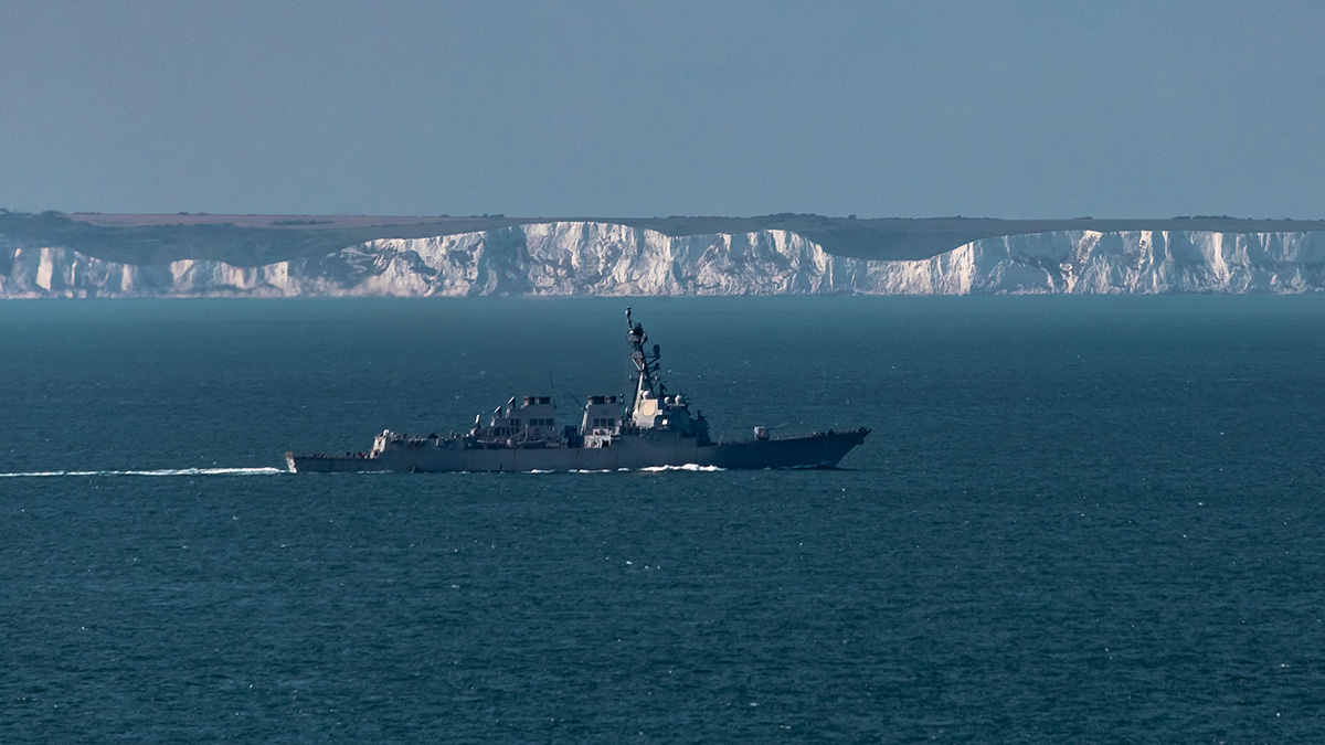 USS Winston S. Churchill pictured passing Dover White Cliffs