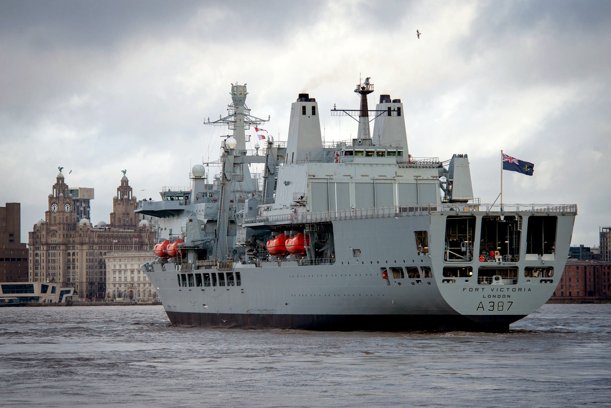 RFA Fort Victoria returns to sea following dry-docking at Cammell Laird